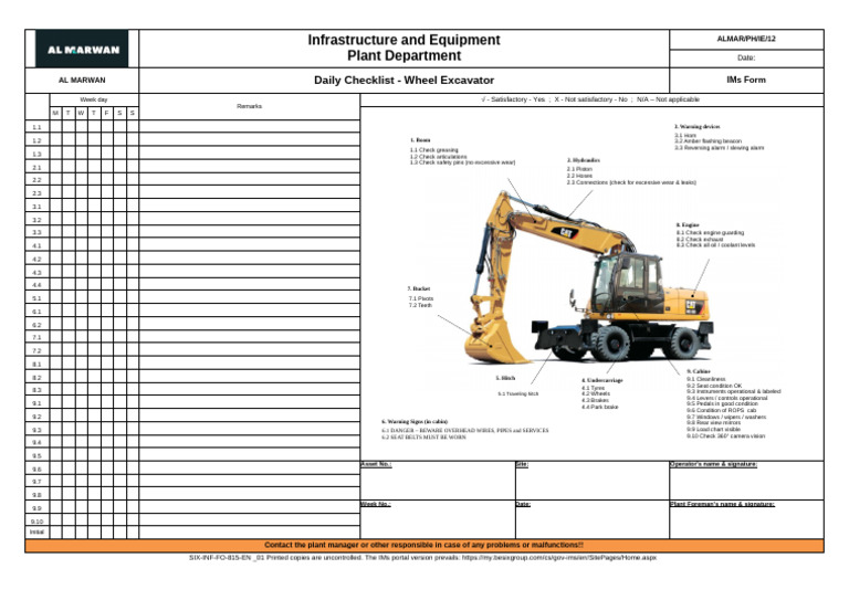 Daily Excavator Inspection Checklist | PDF | Automotive Industry ...
