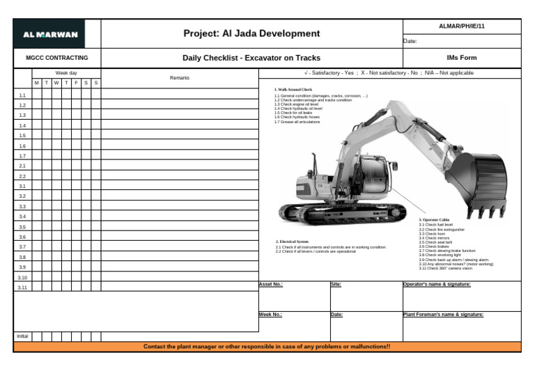 Excavator Daily Checklist for Al Jada | PDF