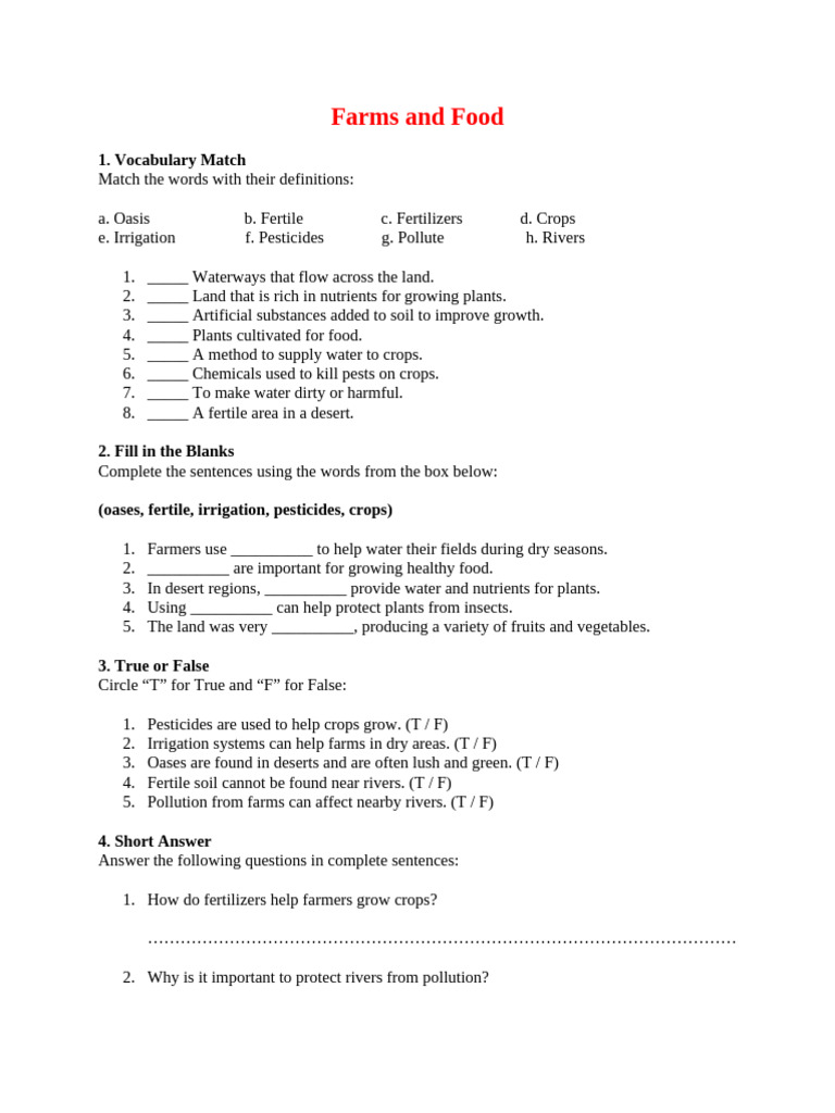 Farming and Food Vocabulary Worksheet | PDF | Fertilizer | Soil Fertility
