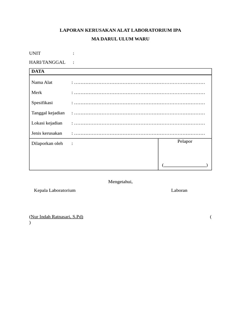 Form Laporan Kerusakan Alat | PDF