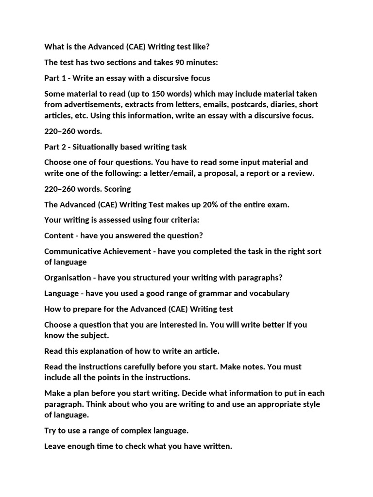 What Is The Advanced (CAE) Writing Test Likej | PDF