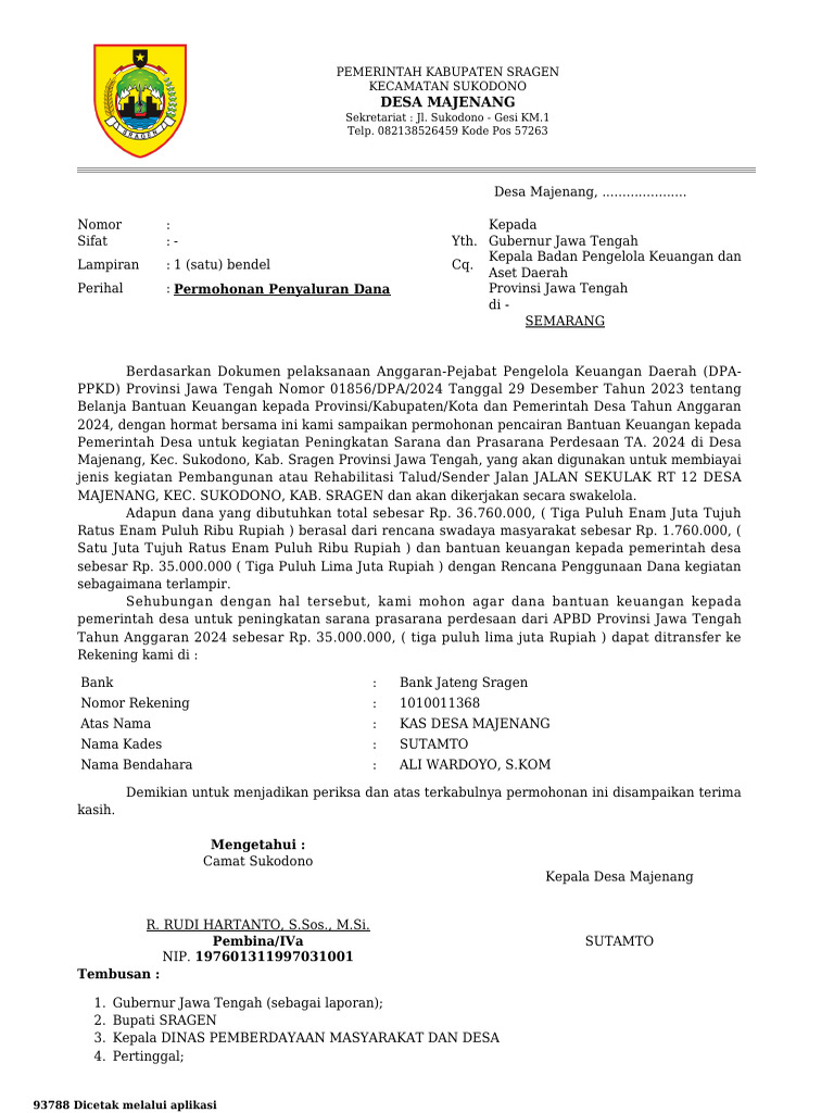 Surat Permohonan Pencairan Bankeu Pemdes | PDF