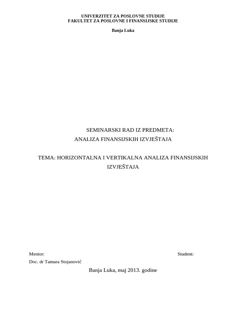 Horizontalna I Vertikalna Analiza Finansijskih Izvjestaja | PDF