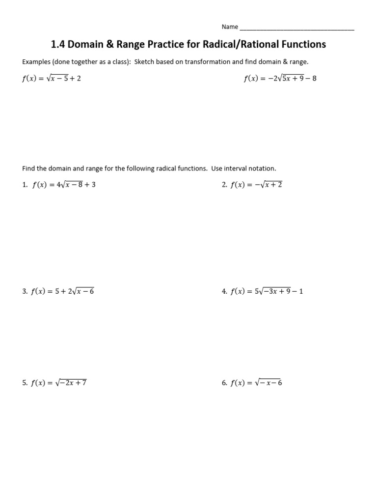 1.4 Domain Range Practice Radical Rational | PDF
