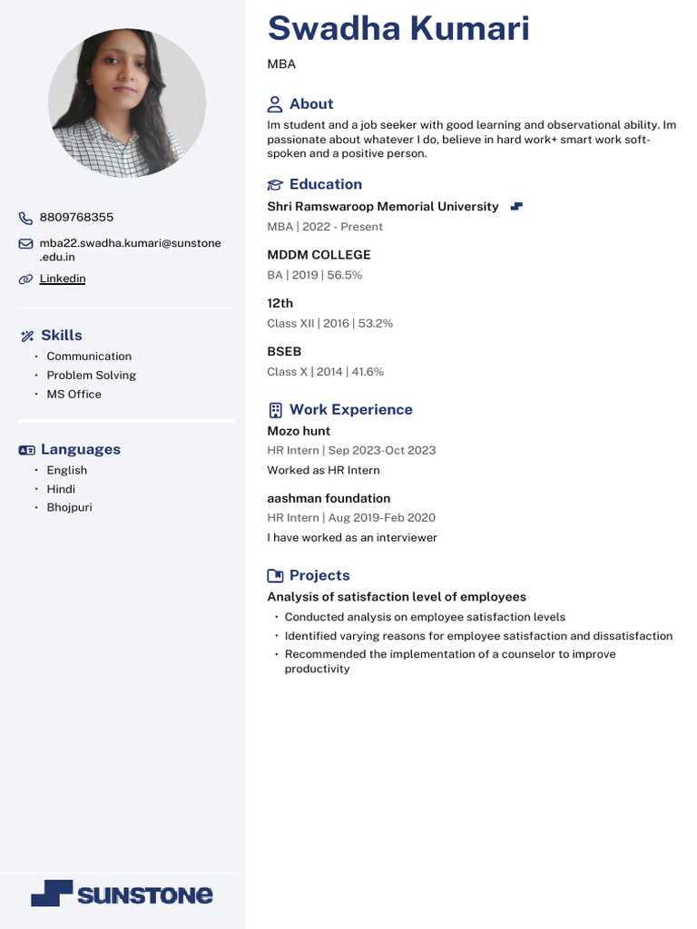 Swadha Kumari's MBA Resume & Experience | PDF