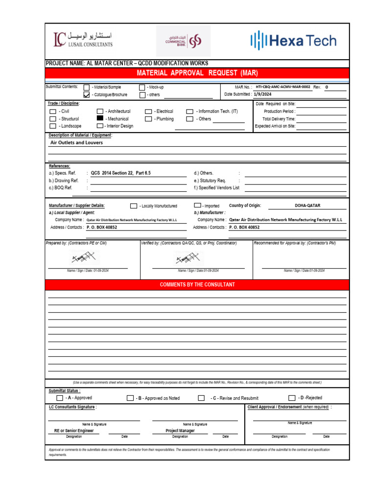 HTI CBQ AMC ACMV MAR 0002_Submittal for Air Outlets and Louvers | PDF