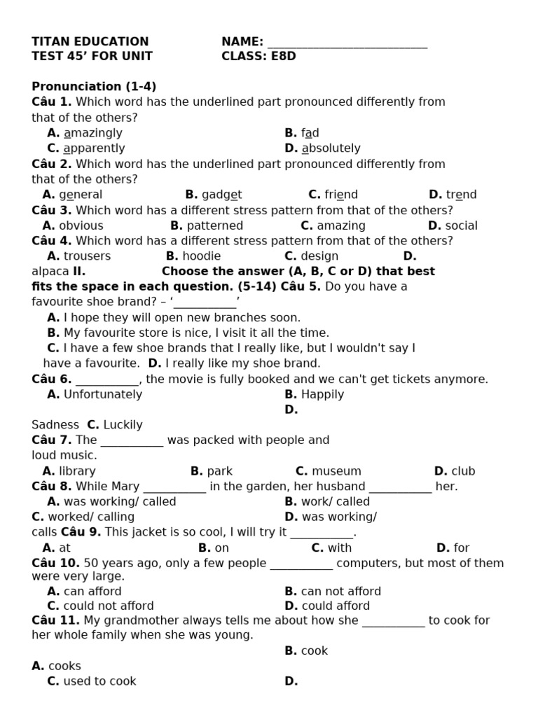 Revision Test Grade 8 Unit 12 | PDF | Jeans | Clothing