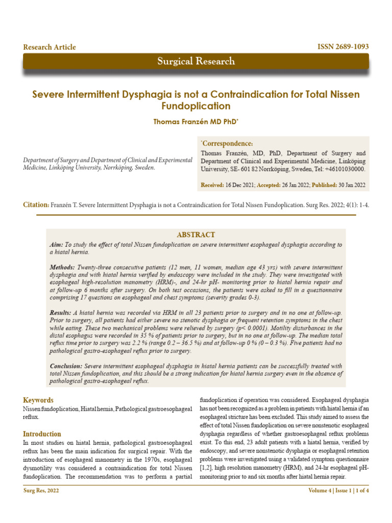 Severe Intermittent Dysphagia Is Not A Contraindication For Total ...