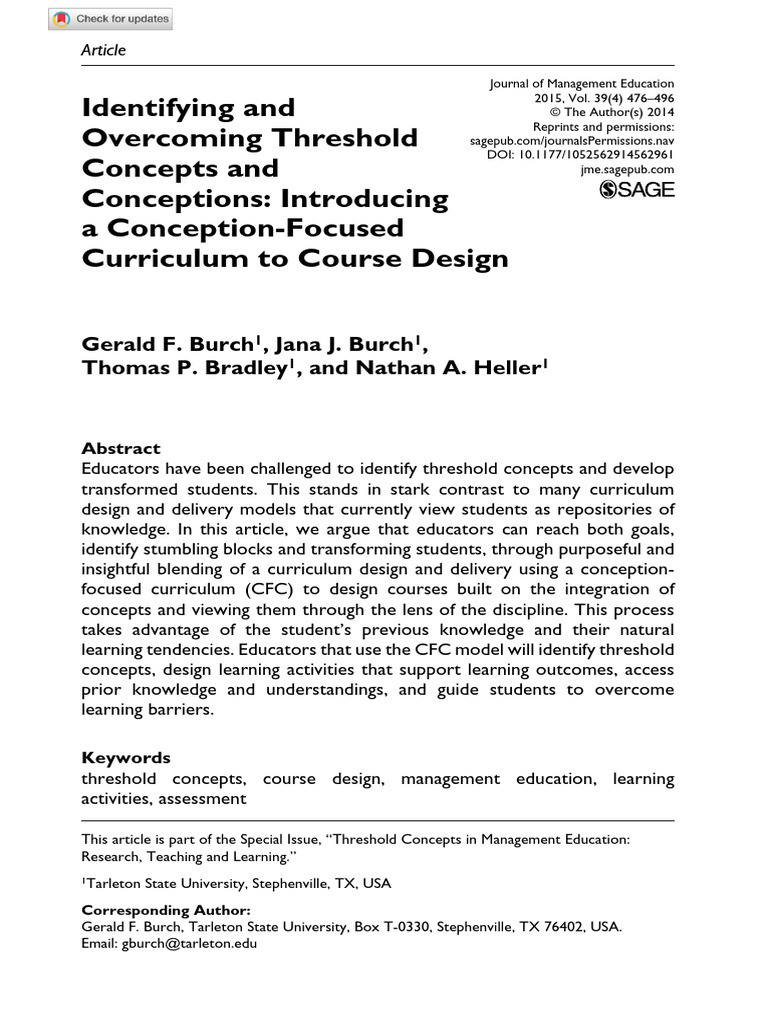 Burch Et Al 2014 Identifying and Overcoming Threshold Concepts and Conceptions Introducing A ...