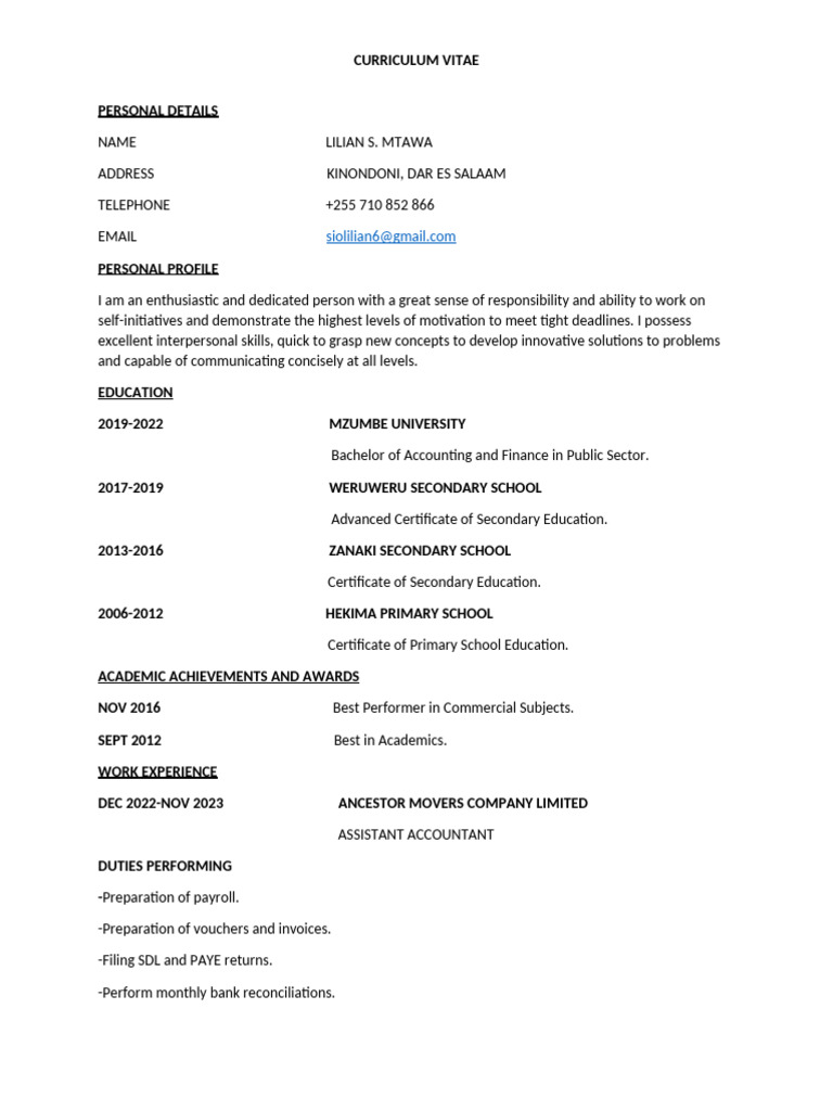 Lilian Mtawa's Cv | PDF