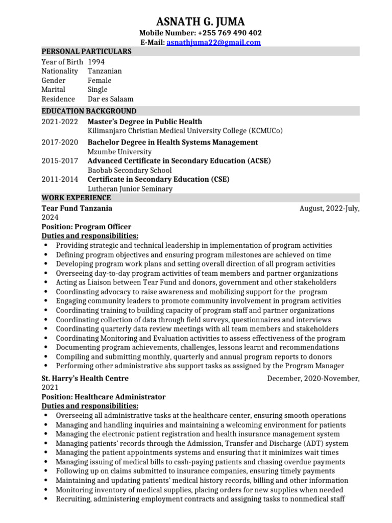 Asnath Juma CV | PDF | Public Health | Tanzania