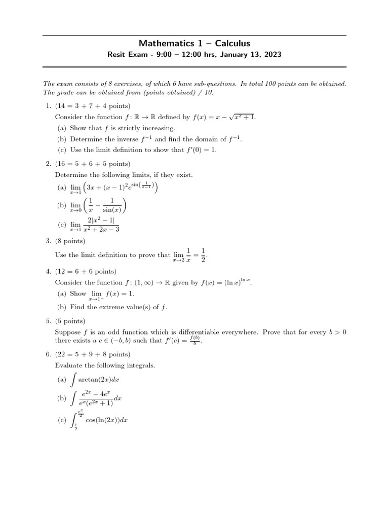 22 23 Mathematics 1 Calculus Resit | PDF | Function (Mathematics ...