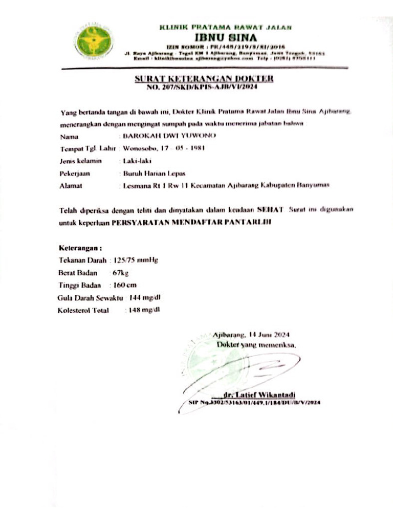 Surat Keterangan Sehat Barokah Dwi Yuwono - TPS 02 | PDF