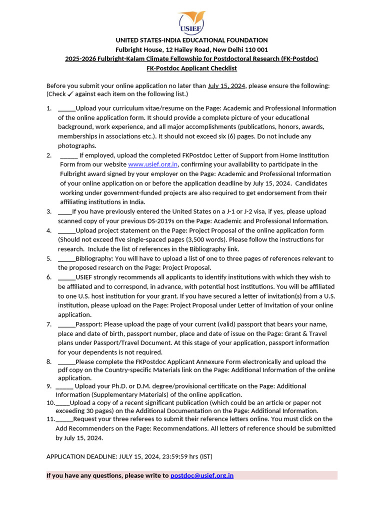 FKPostdoc Applicant Checklist | PDF
