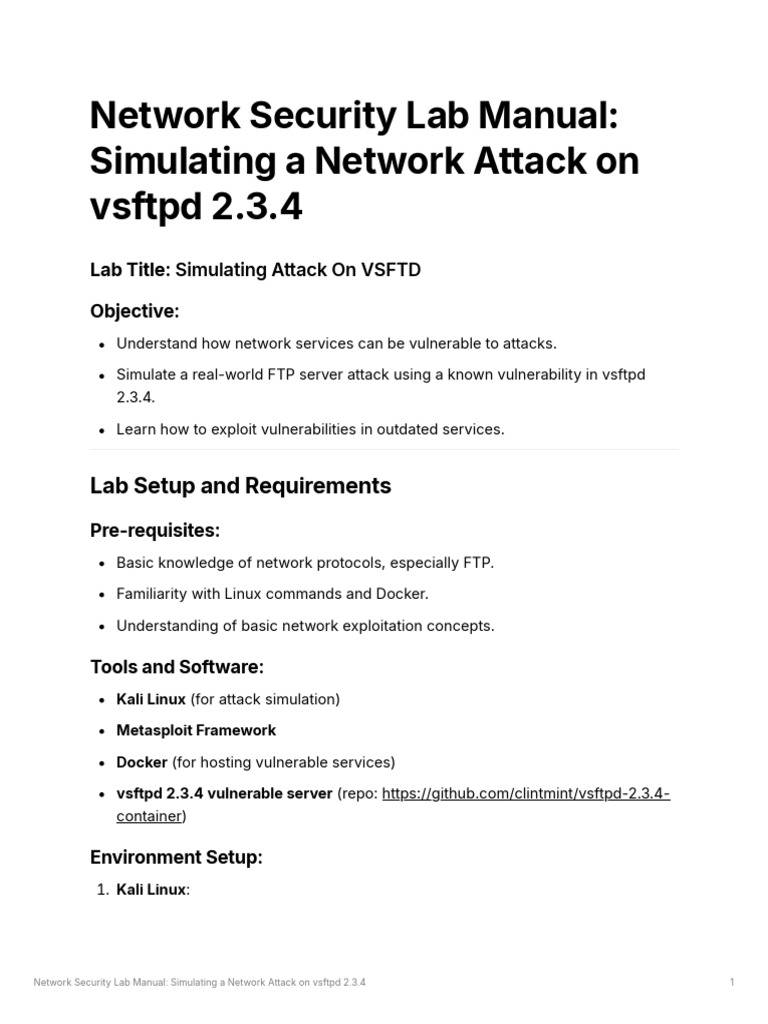 Network Security Lab Manual Simulating A Network Attack On VSFTPD 2.3.4 | PDF | Computing | Software