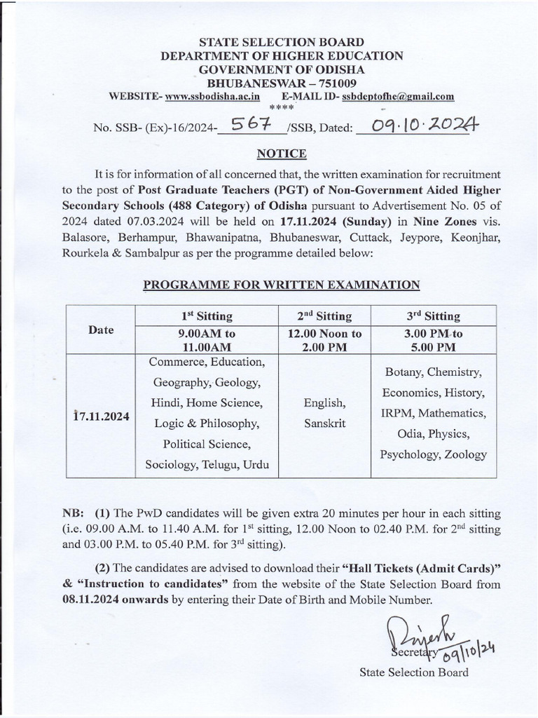 Notice Regarding Date of Written Examination and Availability of Admit ...