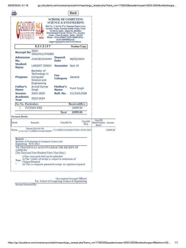 B.Tech Fee Receipt 2024-2025 | PDF | Payments