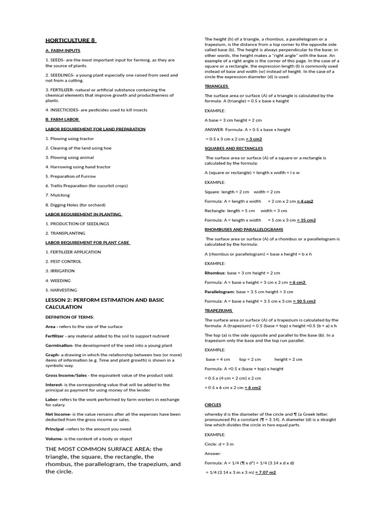 Horticulture 8 Lesson Notes | PDF | Area | Rectangle