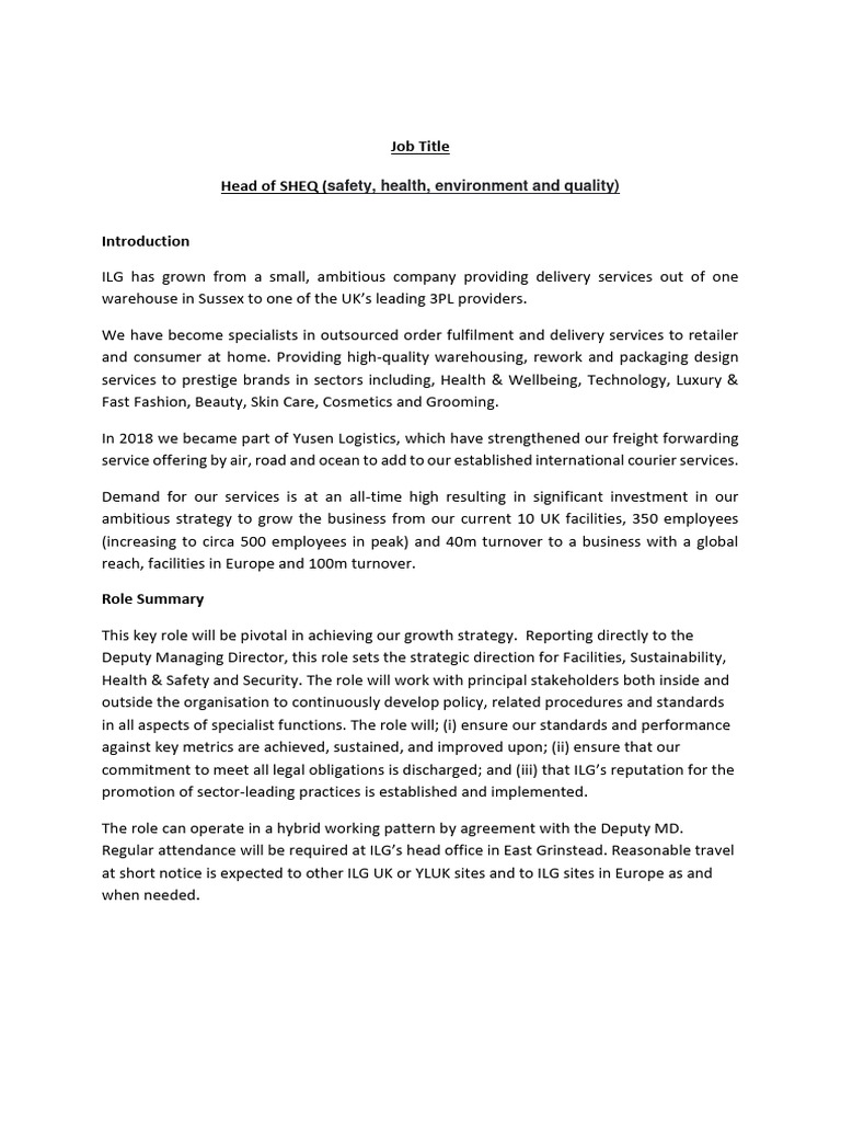 Head of SHEQ Role Overview at ILG | PDF | Occupational Safety And ...