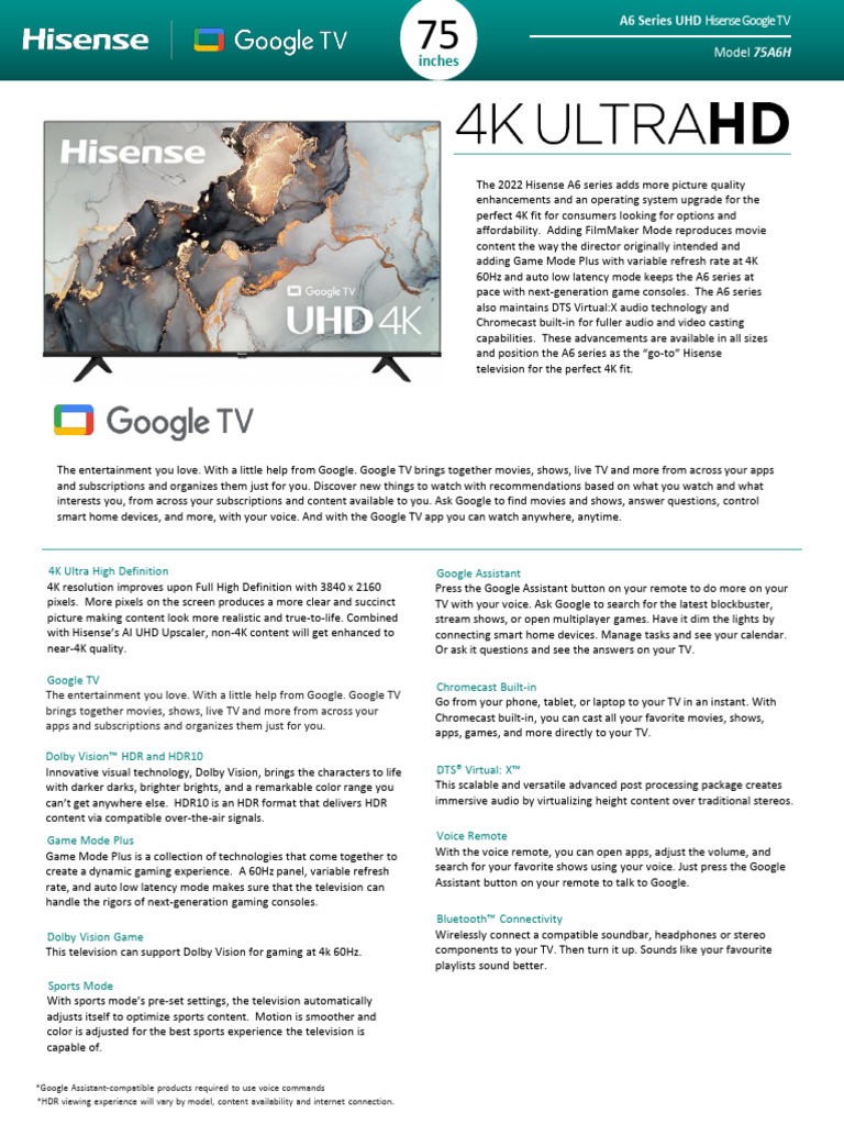 75A6H Spec Sheet Release | PDF | Hdmi | Backlight