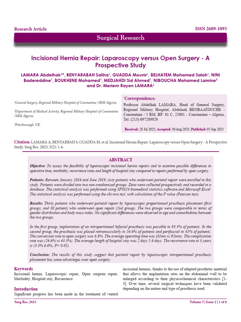 Incisional Hernia Repair: Laparoscopy Versus Open Surgery - A Prospective Study | PDF | Medical ...