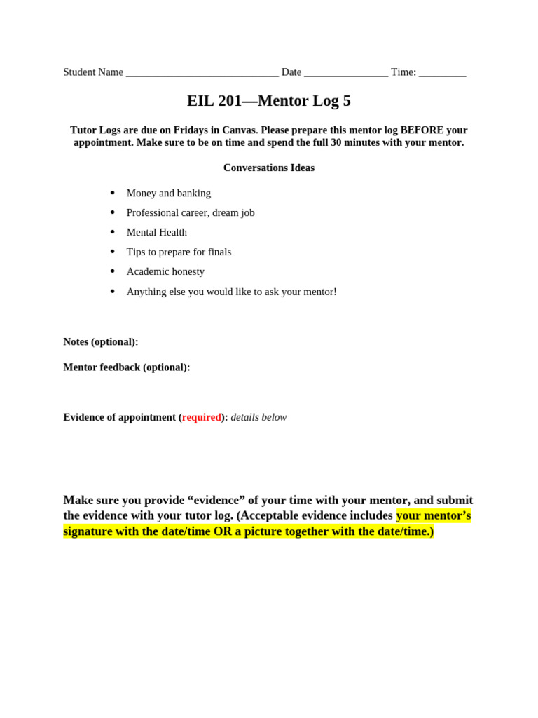 Mentor Log Guide for EIL Students | PDF