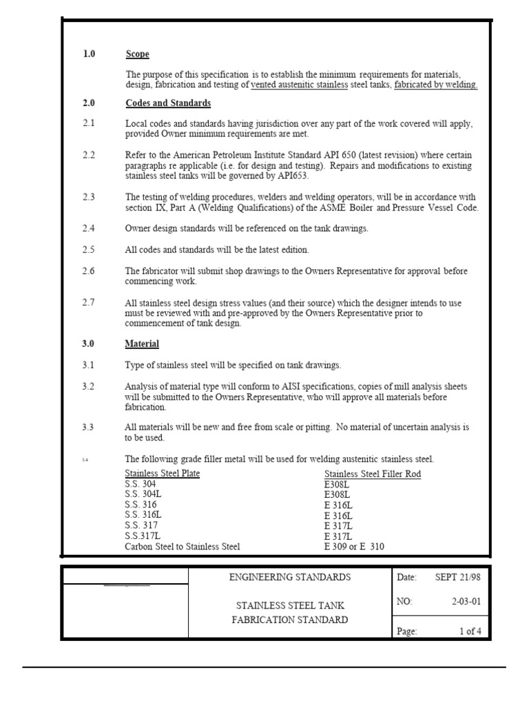 Project Specification 2-03-01-Stainless Tank Fabrication | PDF | Welding | Construction