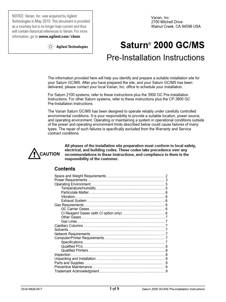 Saturn 2000 GC/MS: Pre-Installation Instructions | PDF | Gas ...