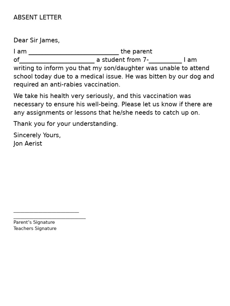 Absent Letter | PDF | Vaccination | Public Health