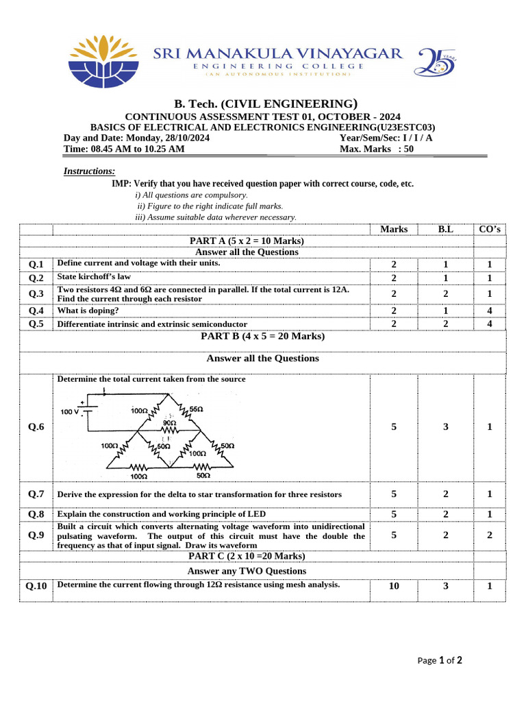 BEEE CAT 1 Civil | PDF | Electrical Resistance And Conductance | Resistor