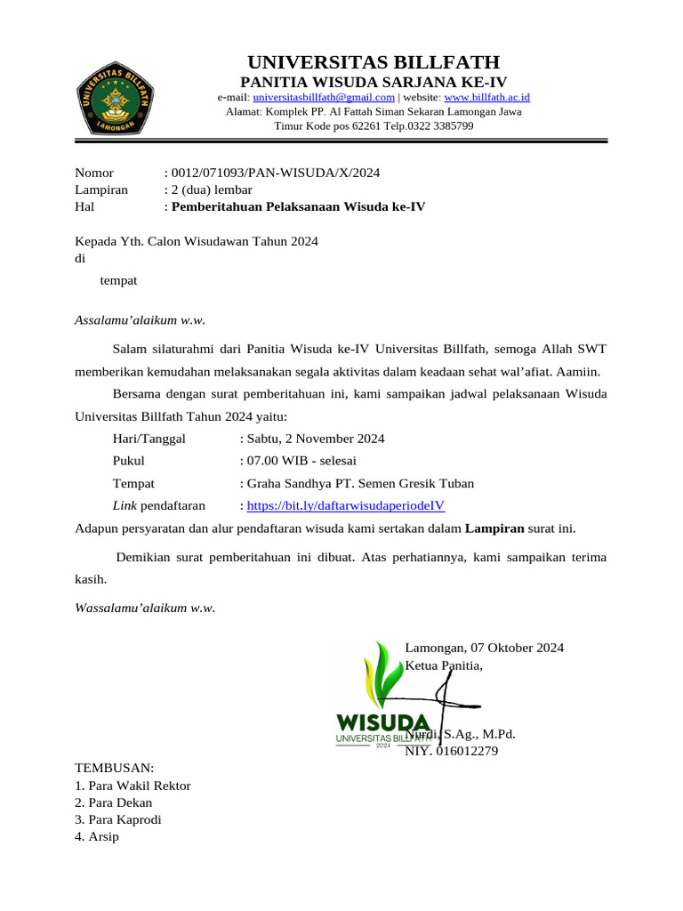 002 - Surat Pemberitahuan Pelaksanaan Wisuda ke-IV | PDF