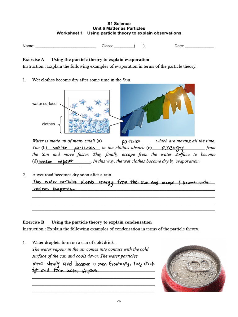 Unit 6 Worksheet 1 Using Particle Theory To Explain Observations | PDF ...