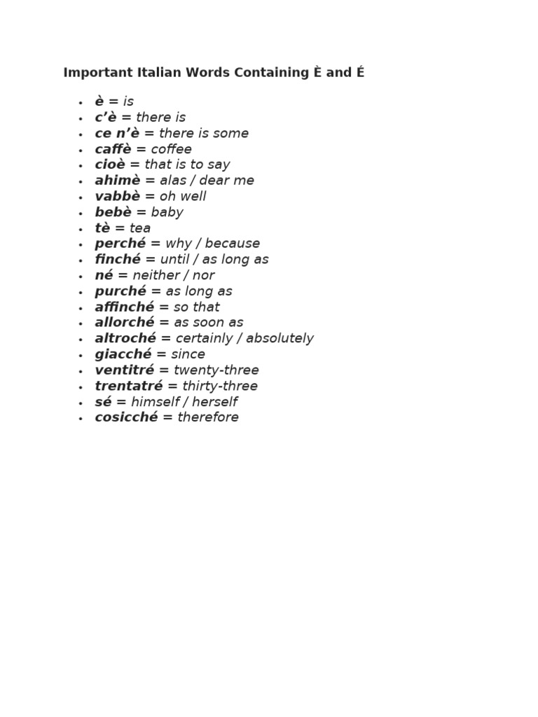 Important Italian Words Containing È and É | PDF