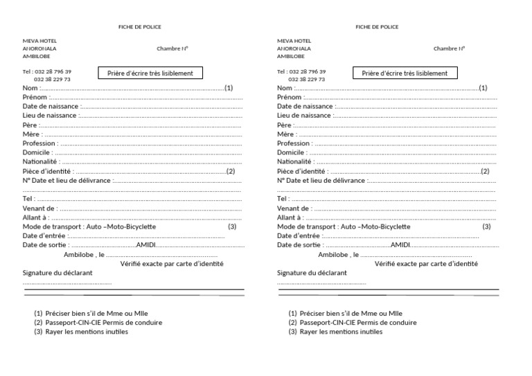 Fiche de Police Hotel de L'akarana | PDF