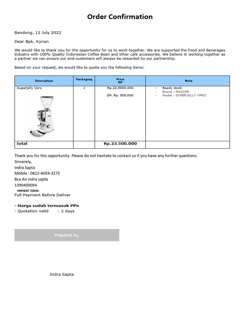 Order Confirmation for Coffee Equipment | PDF