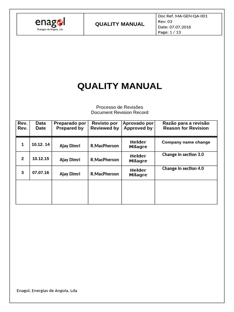 Enagol-MA-GEN-QA-001 - 03 Quality Manual | PDF | Audit | Nondestructive ...