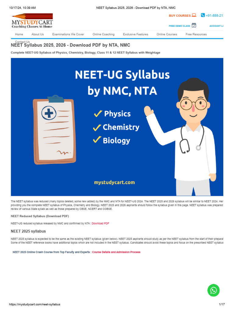 NEET Syllabus 2025, 2026 - Download PDF by NTA, NMC | PDF | Optics | Chemical Reactions