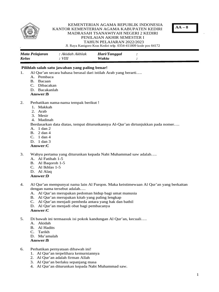 Master Soal Aa 8 Ganjil 2022 | PDF