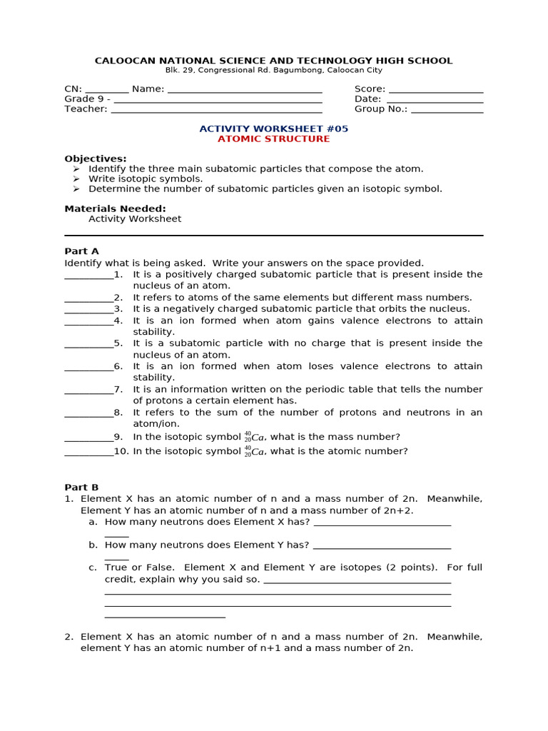 Chemistry Activity Worksheet 05 Atomic Structure | PDF | Atoms ...