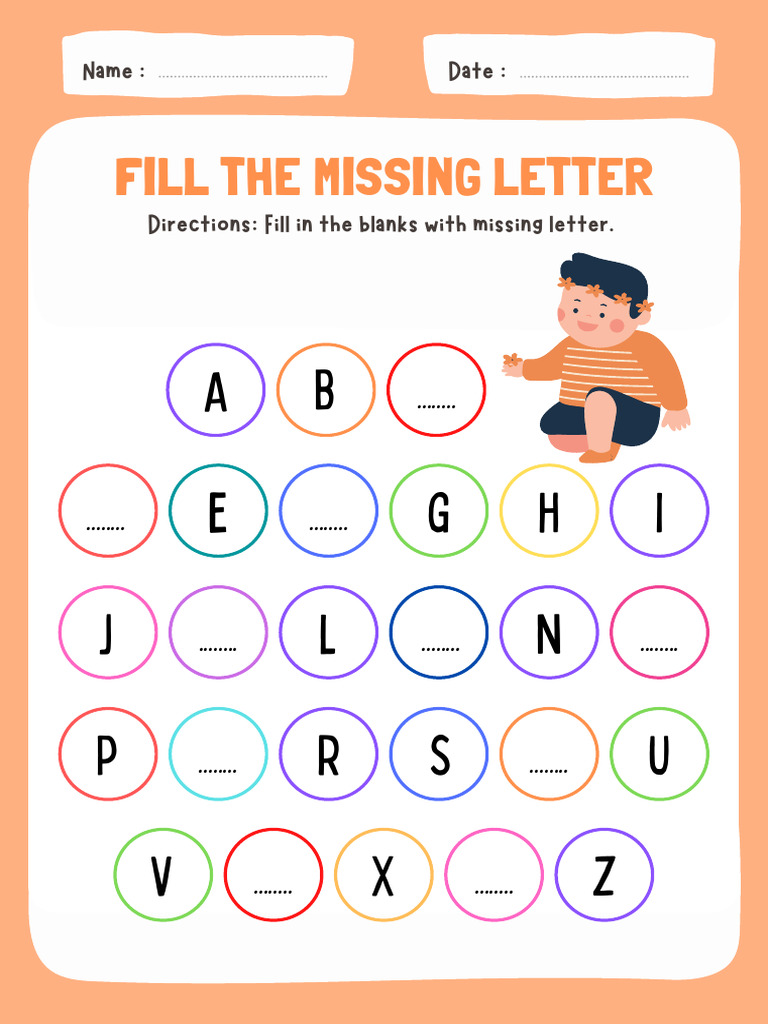 Colorful Simple Fill in Missing Alphabet Letters Worksheet | PDF