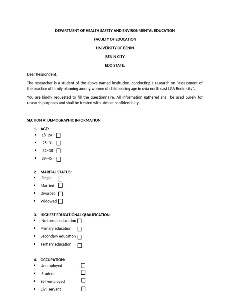 Project Questionnaire 012948 | PDF | Family Planning | Birth Control