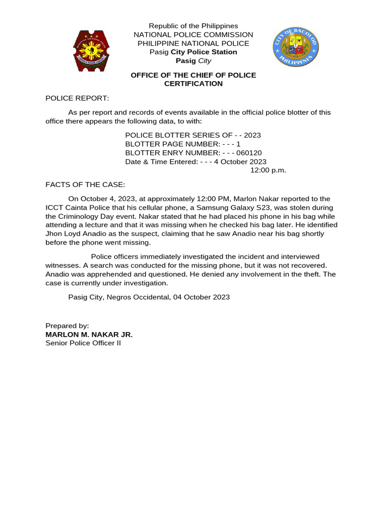 Blotter-Report-SAMPLE - Docx NAKAR | PDF