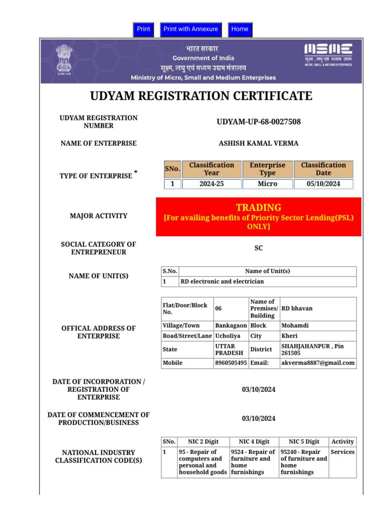 Print - Udyam Registration Certificate | PDF