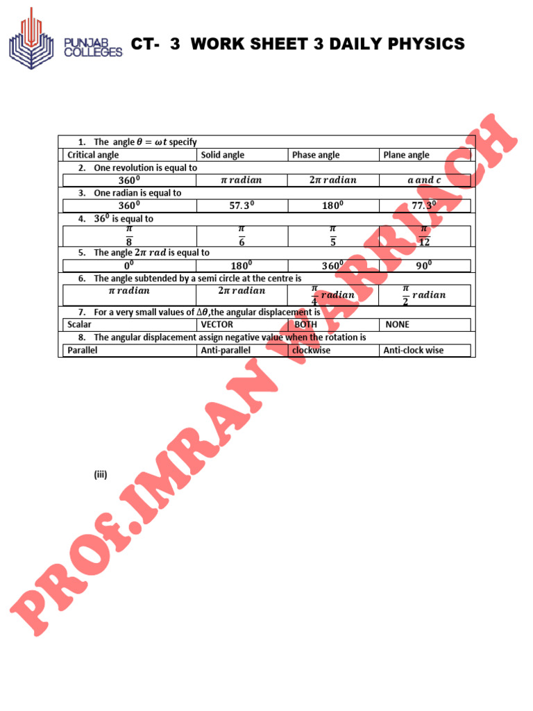 Chapter#4 Work Sheet 3 2024 First Yeartopic Angular Displacement | PDF