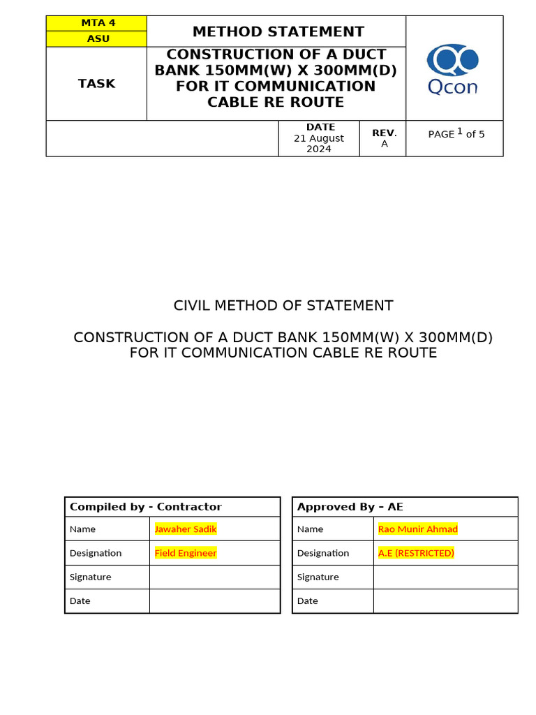Method Statement Construction of A Duct BANK 150MM (W) X 300MM (D) For ...
