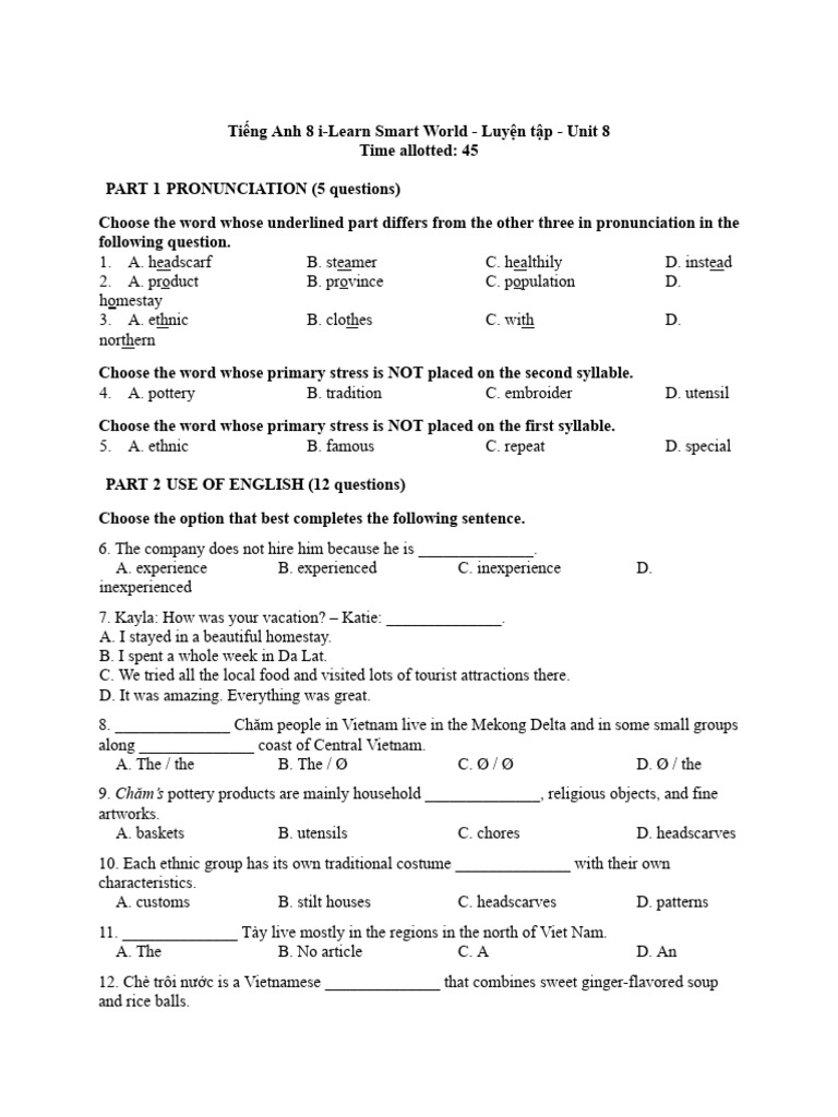 Unit 8 Test - Tiếng Anh 8 ISW | PDF