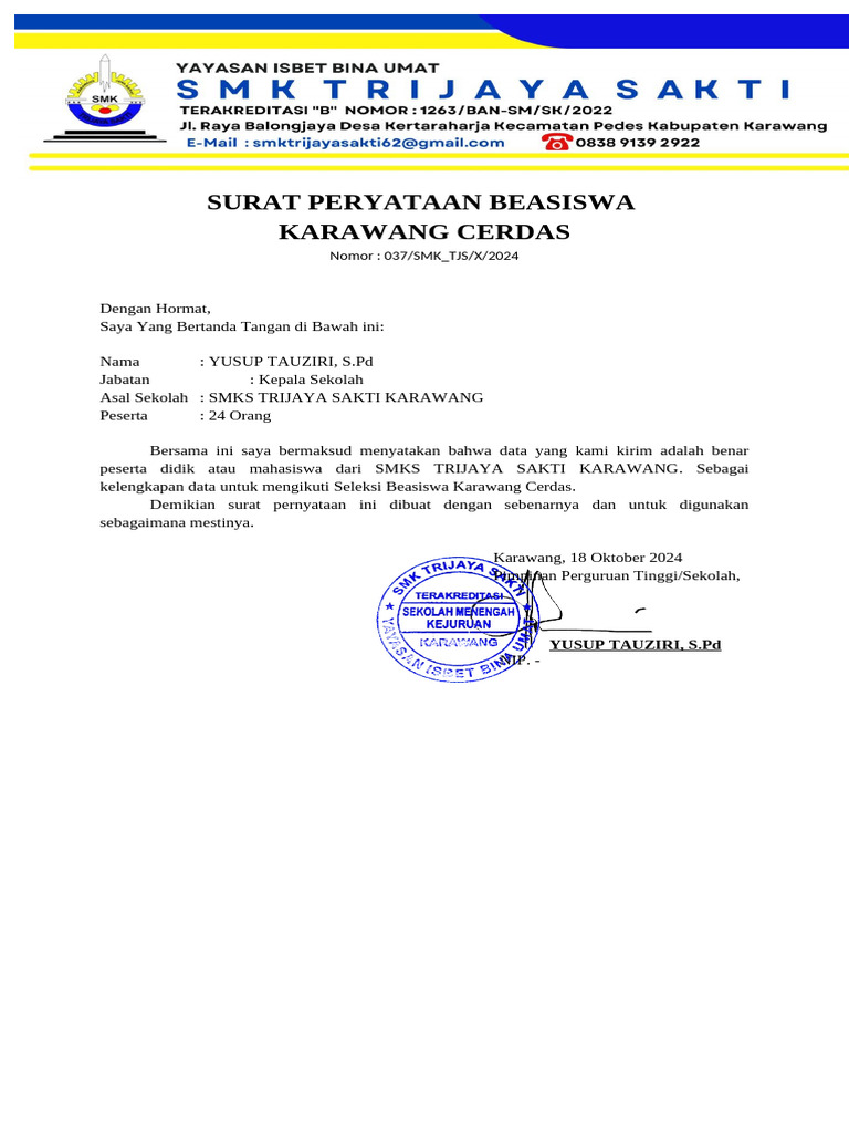 Surat Peryataan Beasiswa Trijas | PDF