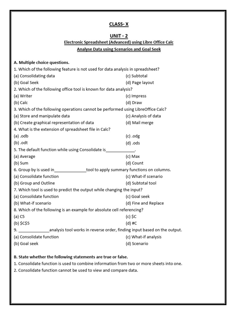 CLASS-X - IT UNIT - 2-Revision Questions-2024 | PDF | Spreadsheet | Function (Mathematics)
