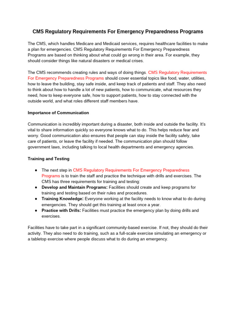 CMS Regulatory Requirements For Emergency Preparedness Programs | PDF