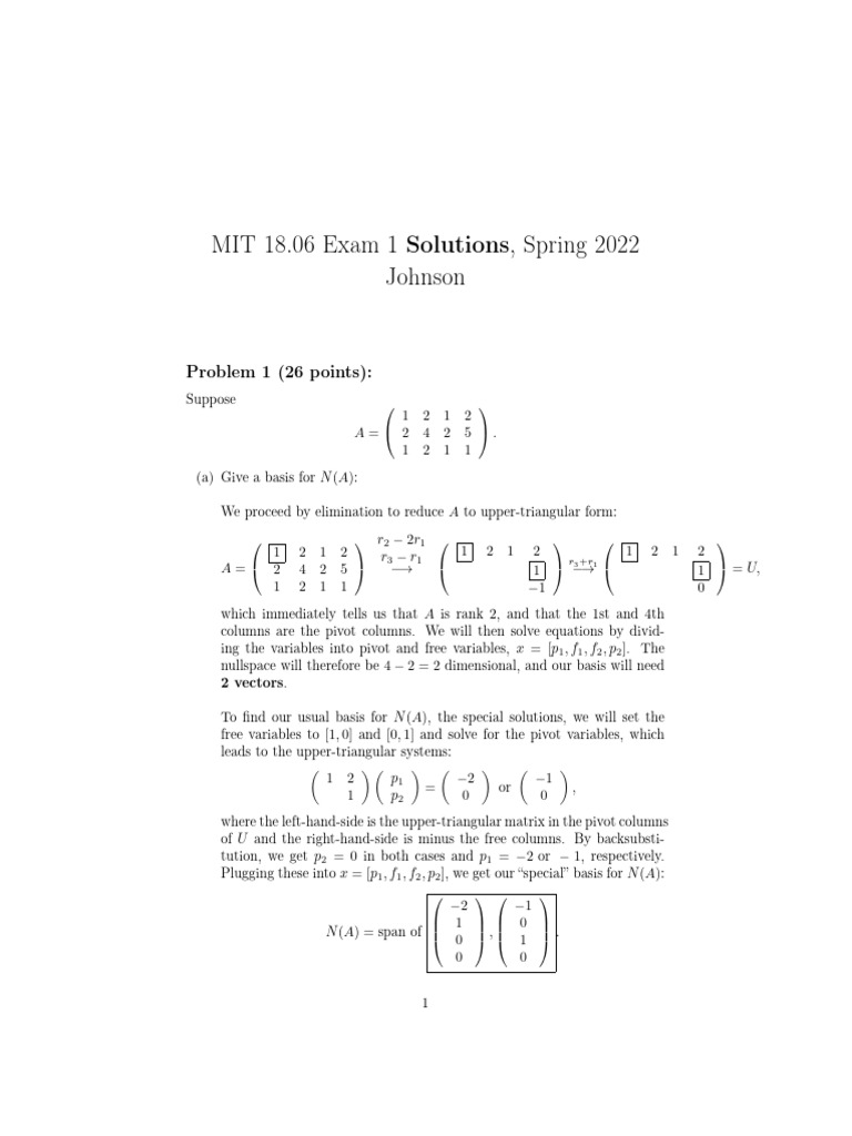 Exam 1 Sol | PDF | Matrix (Mathematics) | Mathematical Concepts